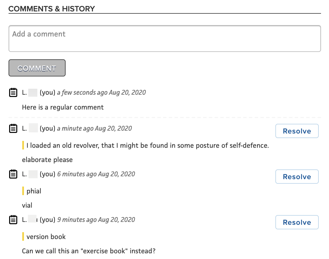 Viewing and Resolving Narrative In-line Comments